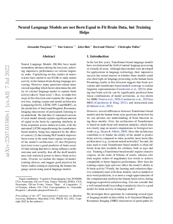 (PDF) Neural Language Models are not Born Equal to Fit Brain Data, but Training Helps