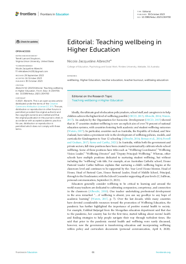 (PDF) Editorial: Teaching wellbeing in Higher Education