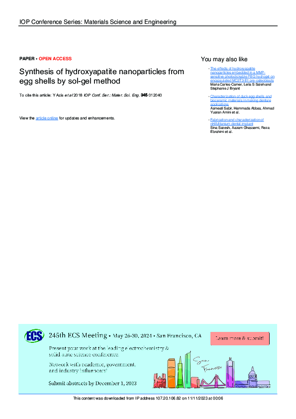 (PDF) Synthesis of hydroxyapatite nanoparticles from egg shells by sol ...