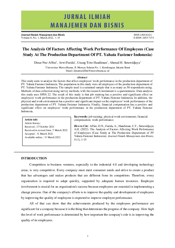 (PDF) The Analysis of Factors Affecting Work Performance of Employees ...