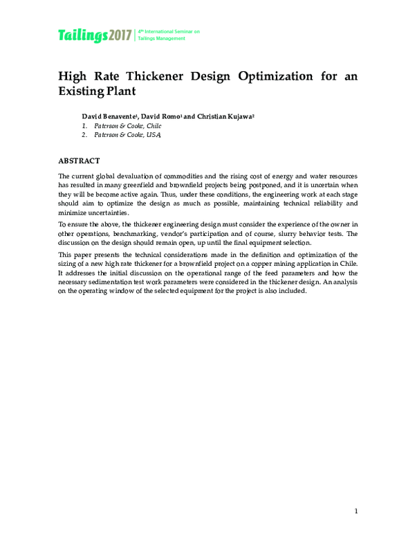 (PDF) High Rate Thickener Design Optimization for an Existing Plant