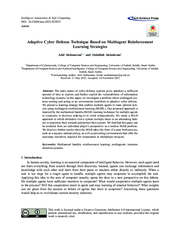 (PDF) Adaptive Cyber Defense Technique Based on Multiagent Reinforcement Learning Strategies