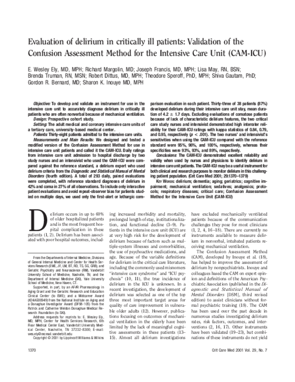 (PDF) Evaluation of delirium in critically ill patients: Validation of ...
