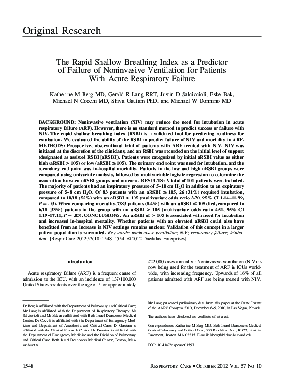 (PDF) The Rapid Shallow Breathing Index as a Predictor of Failure of Noninvasive Ventilation for ...