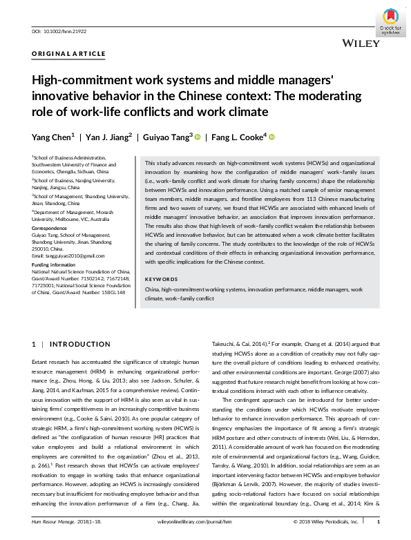 (PDF) High-commitment work systems and middle managers' innovative ...