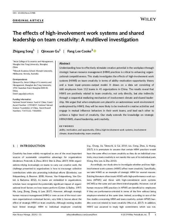 (PDF) The effects of high‐involvement work systems and shared ...
