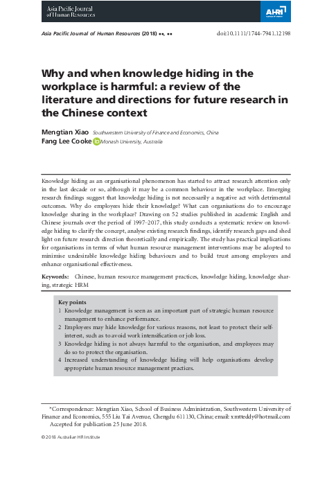 (PDF) Why and when knowledge hiding in the workplace is harmful: a review of the literature and ...