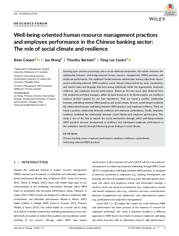 Pdf Well Being Oriented Human Resource Management Practices And Employee Performance In The
