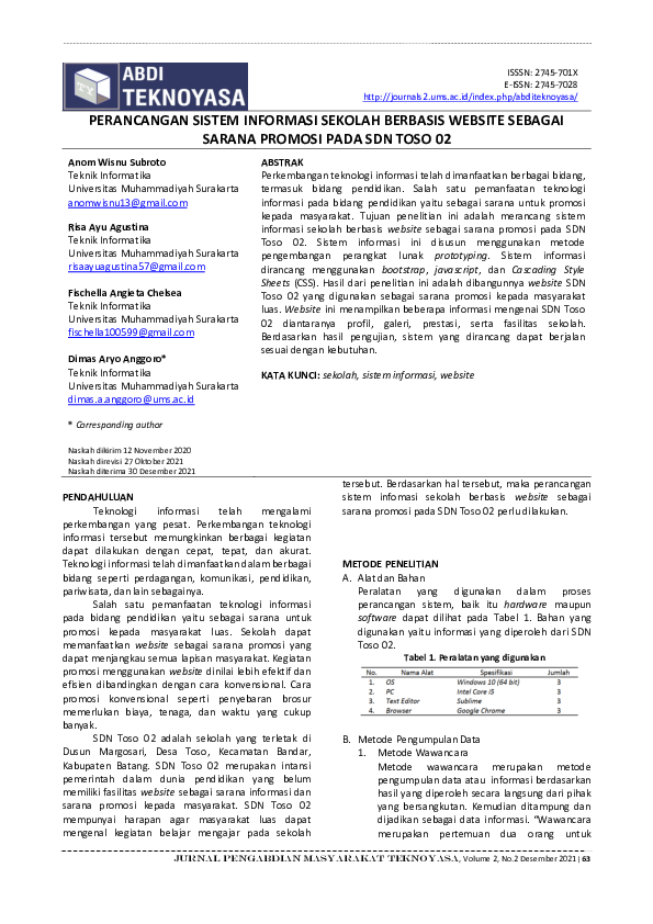 (PDF) Perancangan Sistem Informasi Sekolah Berbasis Website Sebagai Sarana Promosi Pada SDN Toso 02