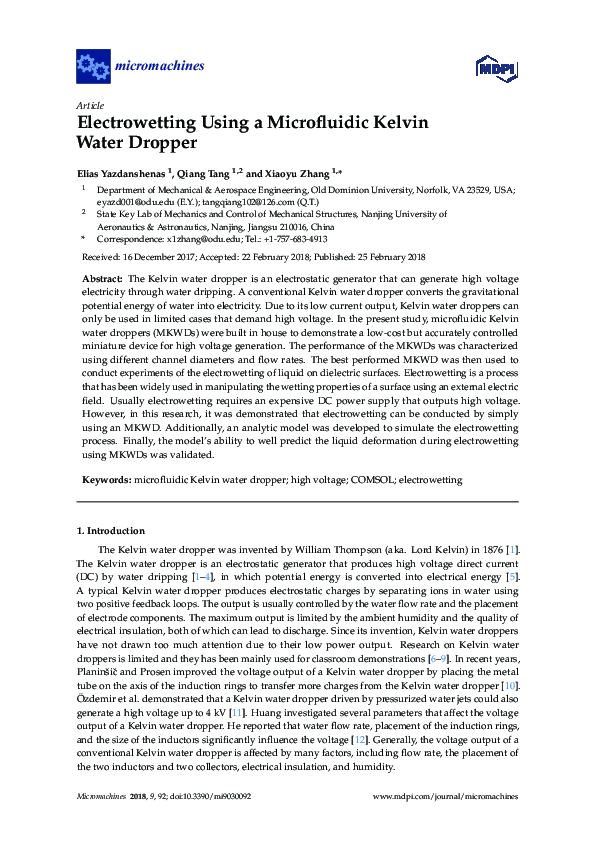 (PDF) Electrowetting Using a Microfluidic Kelvin Water Dropper