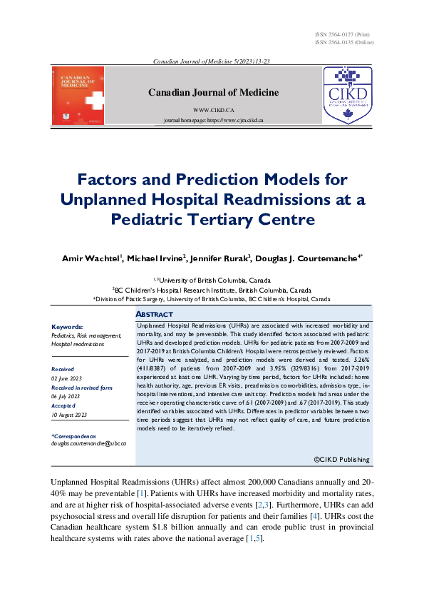 (PDF) Factors and Prediction Models for Unplanned Hospital Readmissions at a Pediatric Tertiary ...