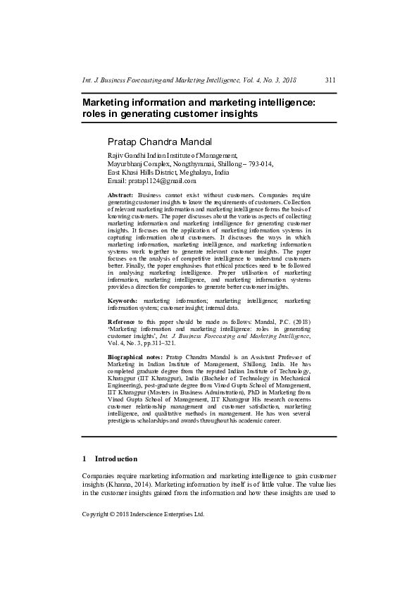 (PDF) Marketing information and marketing intelligence: roles in generating customer insights