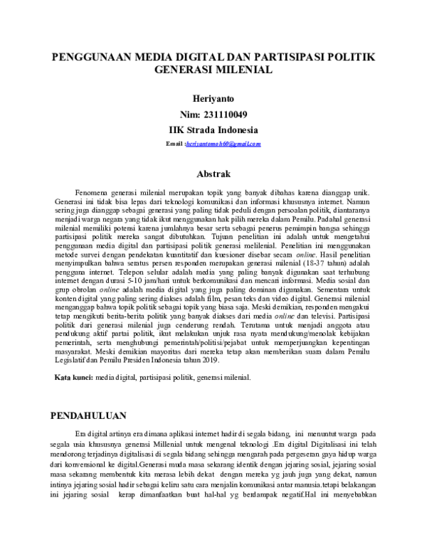 (DOC) PENGGUNAAN MEDIA DIGITAL DAN PARTISIPASI POLITIK GENERASI MILENIAL