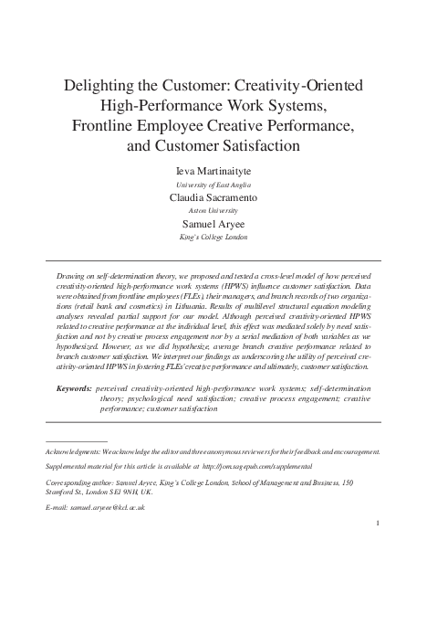 (PDF) Delighting the Customer: Creativity-Oriented High-Performance Work Systems, Frontline ...
