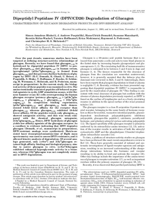 (PDF) Dipeptidyl Peptidase IV (DPIV/CD26) Degradation of Glucagon