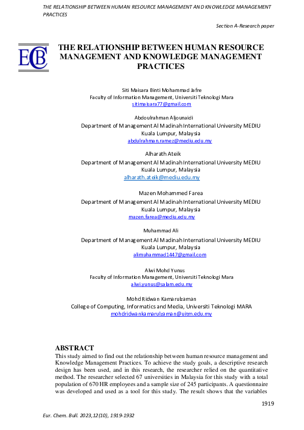 (PDF) THE RELATIONSHIP BETWEEN HUMAN RESOURCE MANAGEMENT AND KNOWLEDGE MANAGEMENT PRACTICES