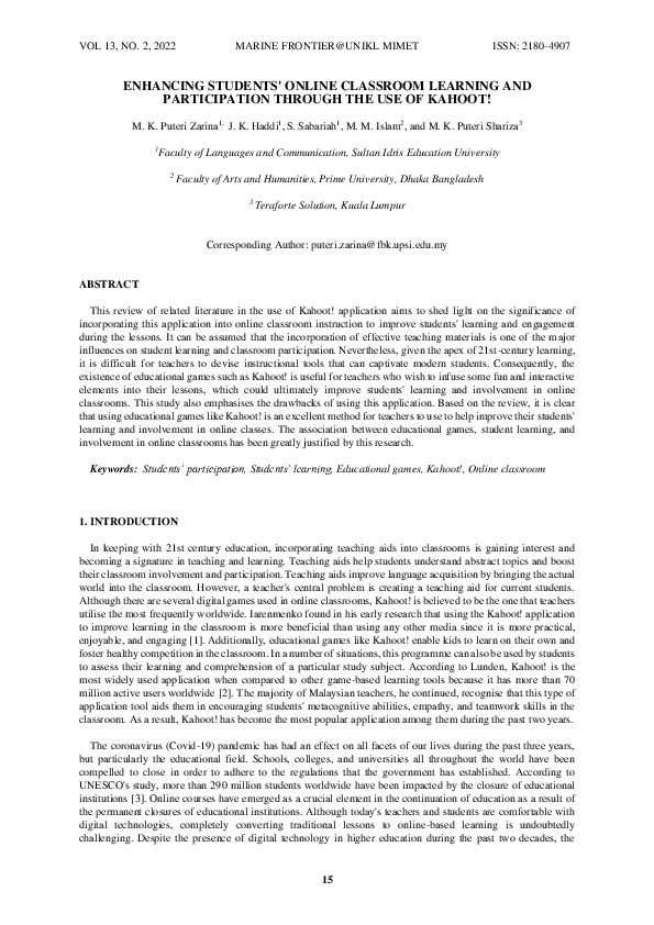 (PDF) ENHANCING STUDENTS' ONLINE CLASSROOM LEARNING AND PARTICIPATION THROUGH THE USE OF KAHOOT