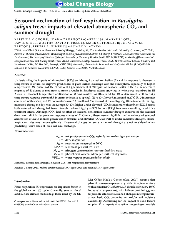 (PDF) Seasonal acclimation of leaf respiration in Eucalyptus saligna ...