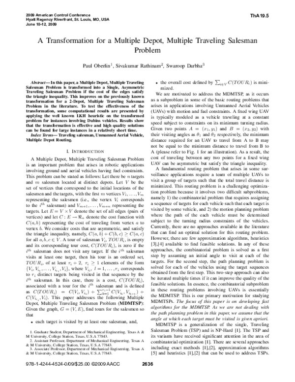 Pdf A Transformation For A Multiple Depot Multiple Traveling Salesman Problem