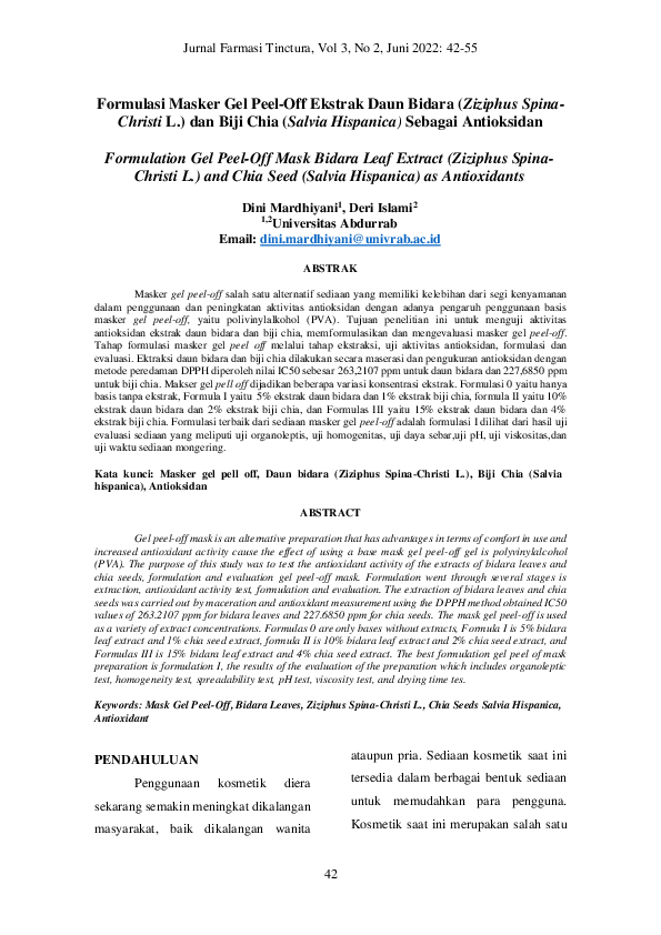 (PDF) Formulasi Masker Gel Peel-Off Ekstrak Daun Bidara (Ziziphus Spina ...