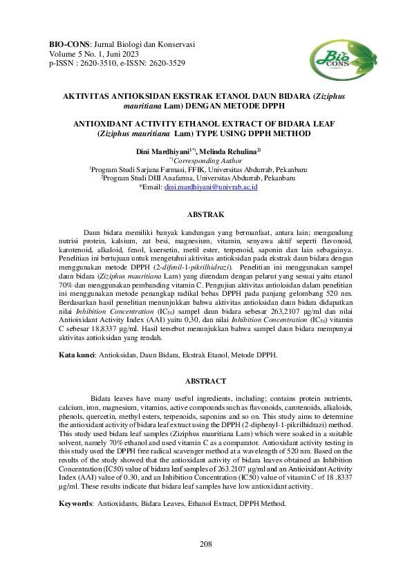(PDF) Aktivitas Antioksidan Ekstrak Etanol Daun Bidara (Ziziphus ...