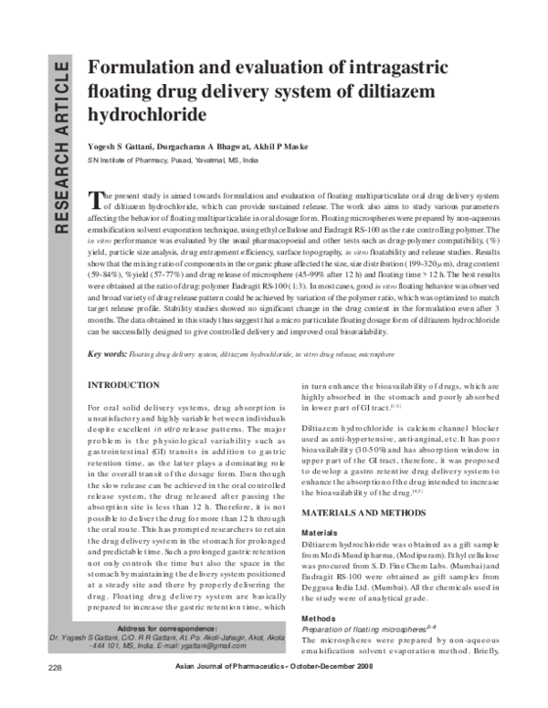 Pdf Formulation And Evaluation Of Intragastric Floating Drug Delivery