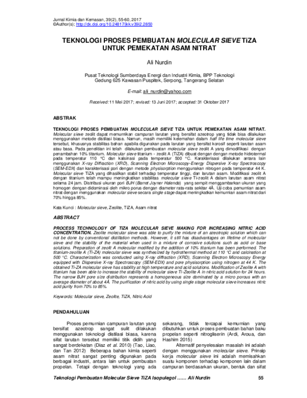 Pdf Teknologi Proses Pembuatan Molecular Sieve Tiza Untuk Pemekatan Asam Nitrat Ali Nurdin