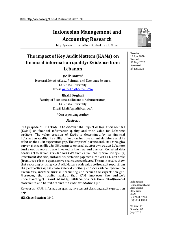 (PDF) The impact of Key Audit Matters (KAMs) on financial information quality: Evidence from Lebanon