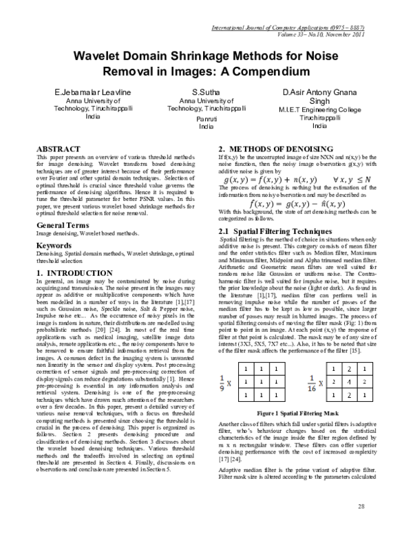 Pdf Wavelet Domain Shrinkage Methods For Noise Removal In Images A Compendium Dr D Asir