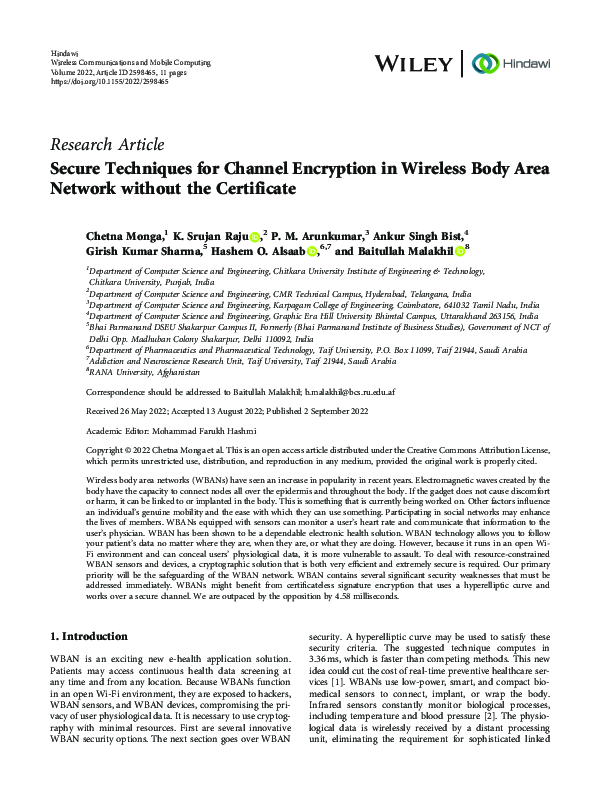 (PDF) Secure Techniques for Channel Encryption in Wireless Body Area Network without the Certificate
