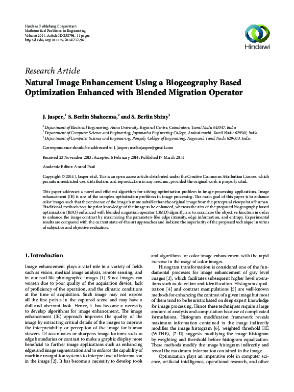 (PDF) Natural Image Enhancement Using a Biogeography Based Optimization Enhanced with Blended ...