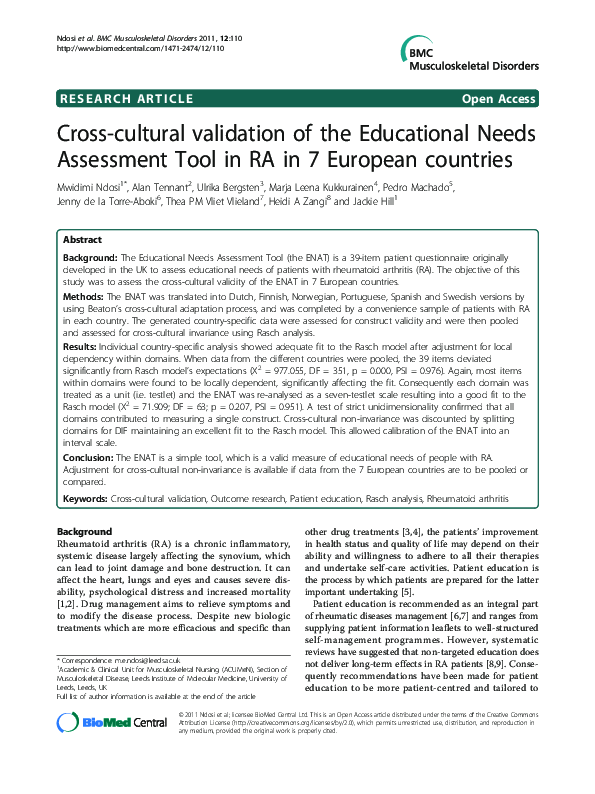 Pdf Cross Cultural Validation Of The Educational Needs Assessment
