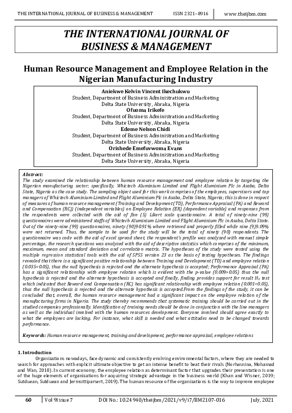 (PDF) Human Resource Management and Employee Relation in the Nigerian Manufacturing Industry