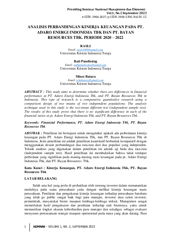 (PDF) ANALISIS PERBANDINGAN KINERJA KEUANGAN PADA PT. ADARO ENERGI INDONESIA TBK DAN PT. BAYAN ...