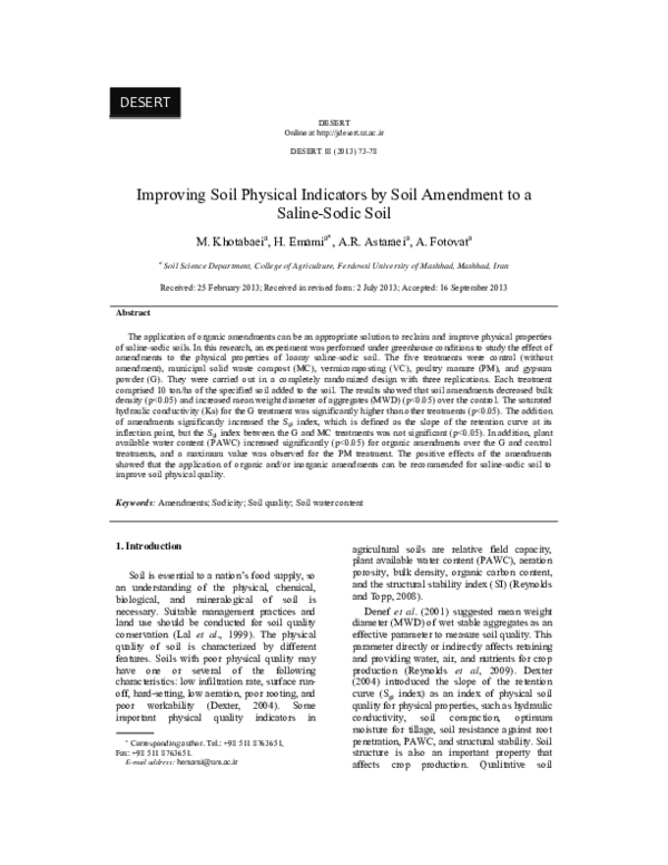(PDF) Improving soil physical indicators by soil amendment to a saline-sodic soil