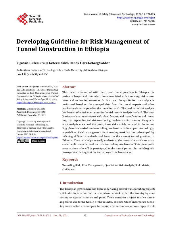 (PDF) Developing Guideline for Risk Management of Tunnel Construction in Ethiopia