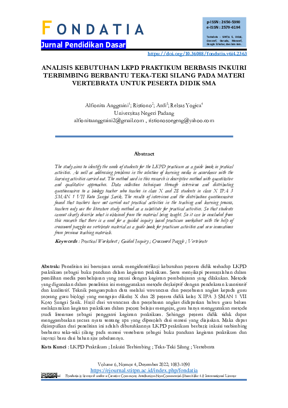 (PDF) Analisis Kebutuhan LKPD Praktikum Berbasis Inkuiri Terbimbing Berbantu Teka-teki Silang ...