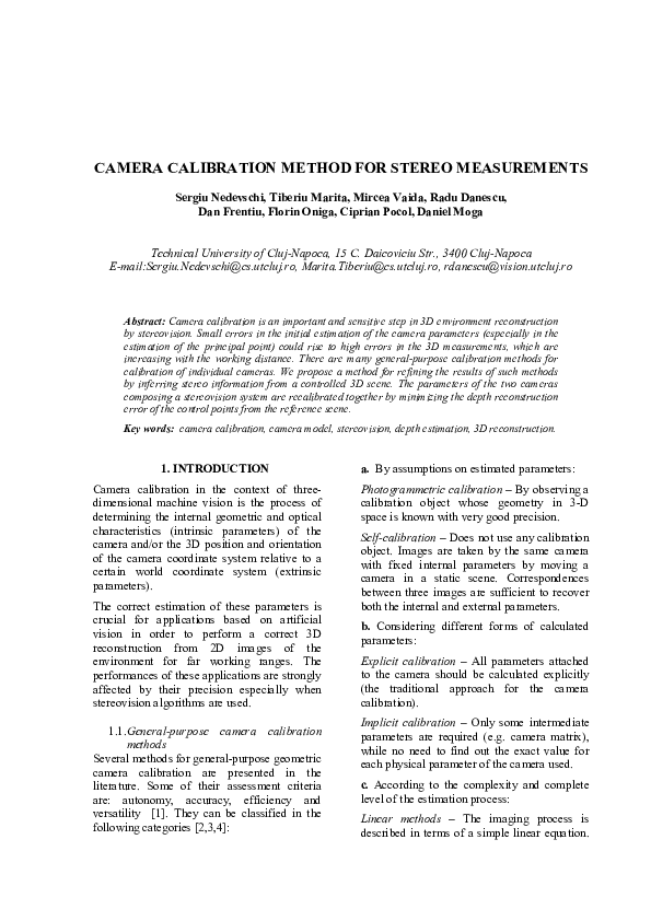 (PDF) Camera Calibration Method for Stereo Measurements