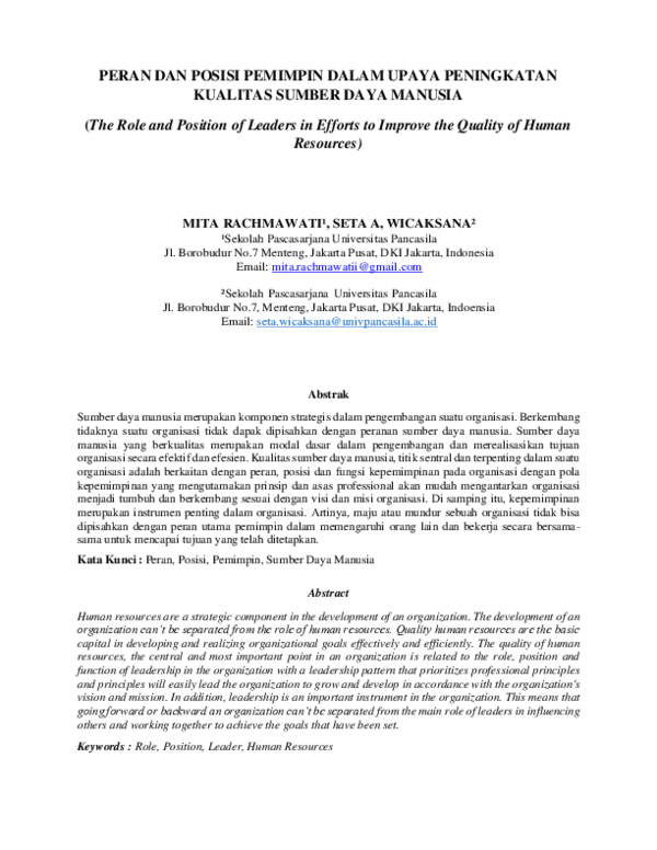 (PDF) Peran dan Posisi Pemimpin dalam Upaya Peningkatan Kualitas Sumber Daya Manusia | mita ...