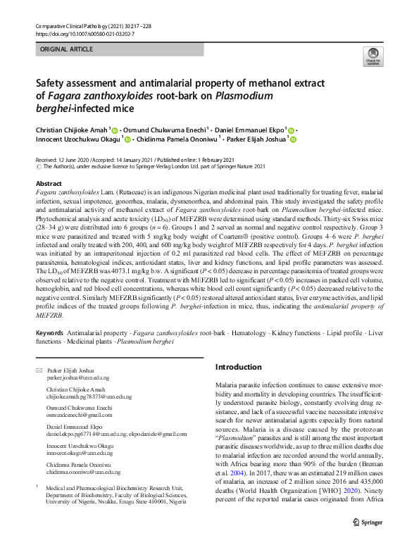 (PDF) Safety assessment and antimalarial property of methanol extract of Fagara zanthoxyloides ...