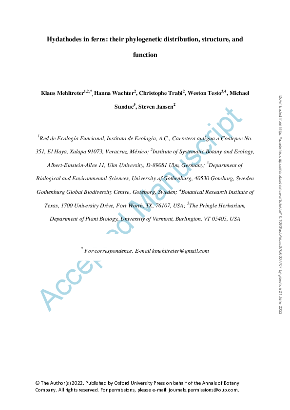 (PDF) Hydathodes in ferns: their phylogenetic distribution, structure ...