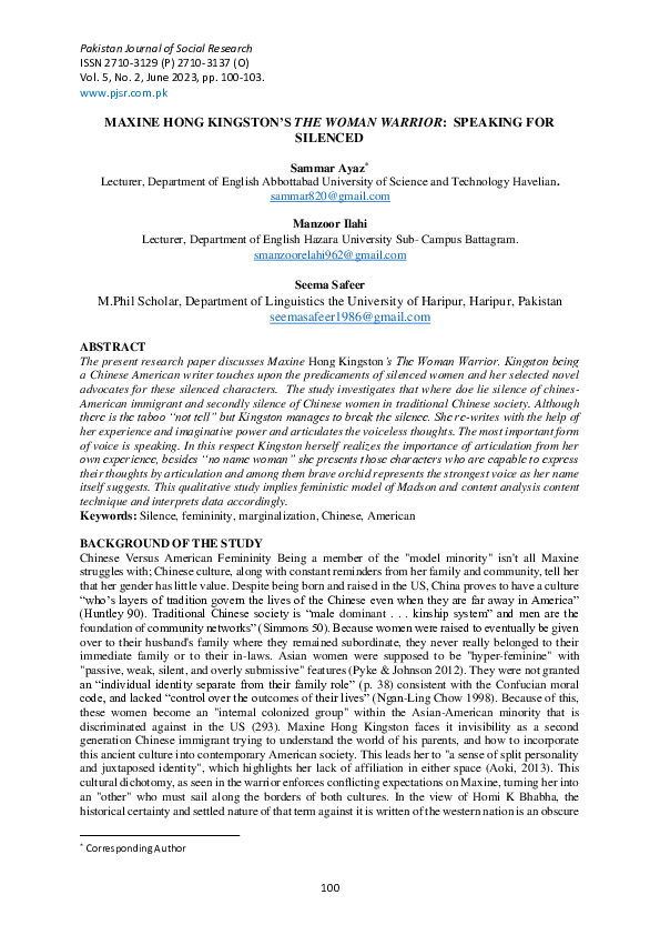(PDF) MAXINE HONG KINGSTON'S THE WOMAN WARRIOR: SPEAKING FOR SILENCED