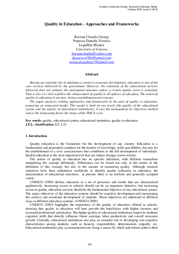 (PDF) Quality in Education - Approaches and Frameworks