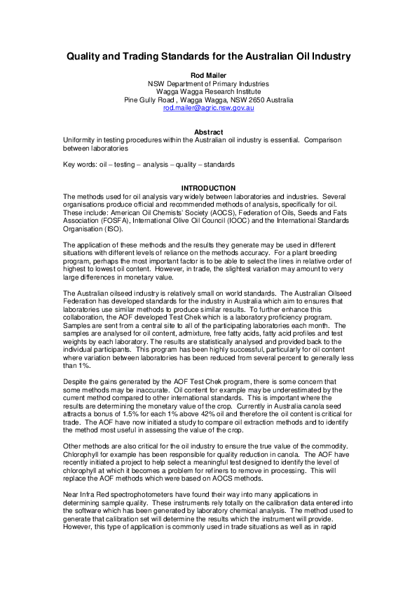 (PDF) Quality and Trading Standards for the Australian Oil Industry