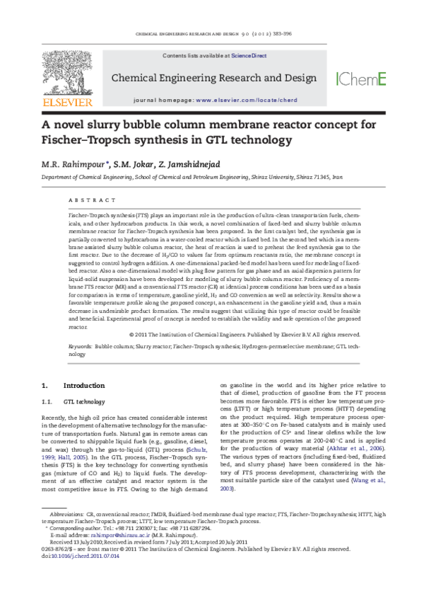 (PDF) A novel slurry bubble column membrane reactor concept for Fischer–Tropsch synthesis in GTL ...