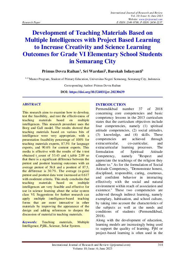 (PDF) Development of Teaching Materials Based on Multiple Intelligences with Project Based ...