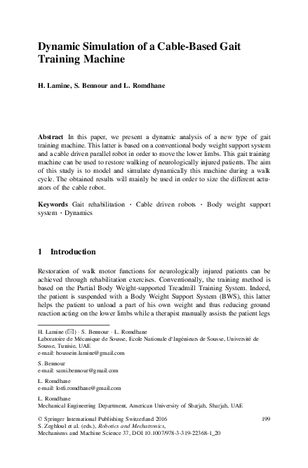 (PDF) Dynamic Simulation of a Cable-Based Gait Training Machine