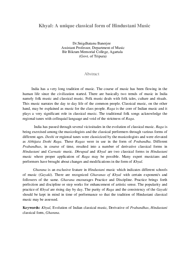 (PDF) Khyal: A unique classical form of Hindustani Music