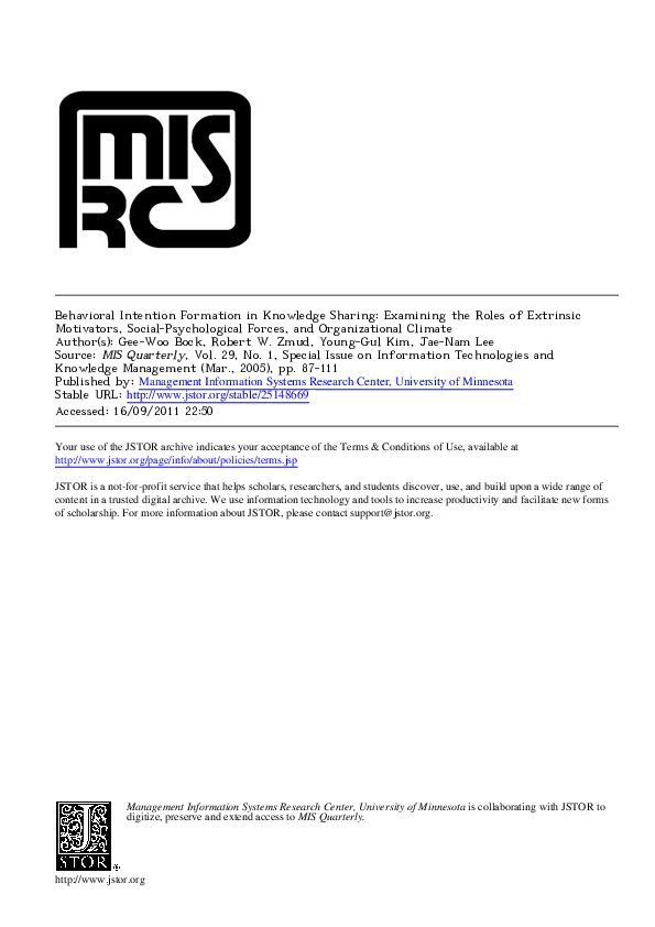 (PDF) Behavioral Intention Formation in Knowledge Sharing: Examining ...