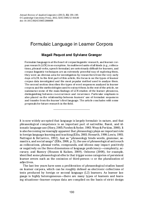 (PDF) Formulaic Language in Learner Corpora